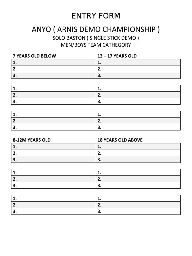 Anyo (Arnis Demo Championship) : Entry Form | PDF | Life Skills | Symbols
