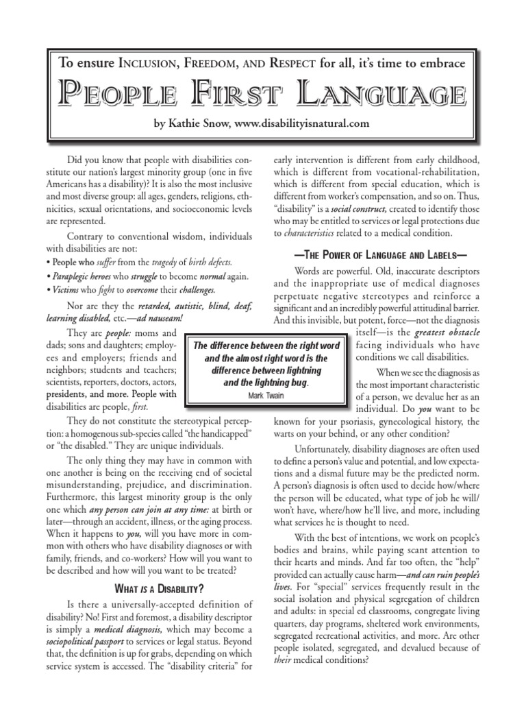 Person First Language Article - Kathie - Snow PDF | PDF | Disability ...