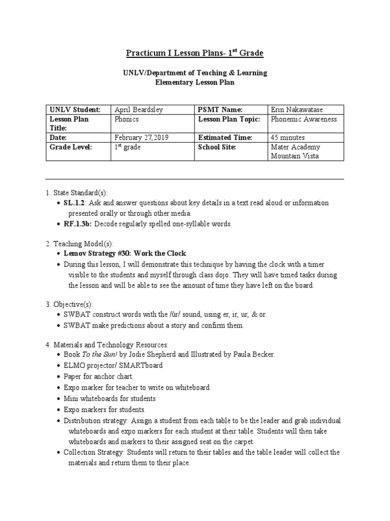 Practicum I Lesson Plans-1 Grade: UNLV/Department of Teaching ...