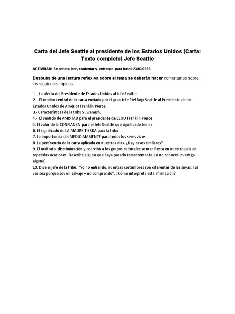 Carta Del Jefe Seattle Al Presidente de Los Estados Unidos | PDF