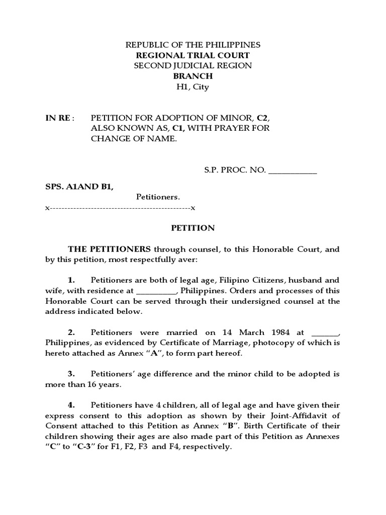 Sample Petition Adoption | PDF | Adoption | Baptism
