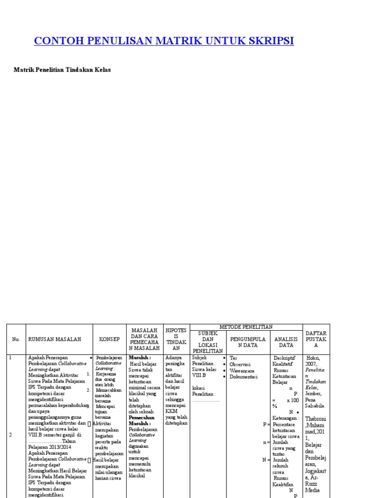 Contoh Penulisan Matrik Untuk Skripsi | PDF