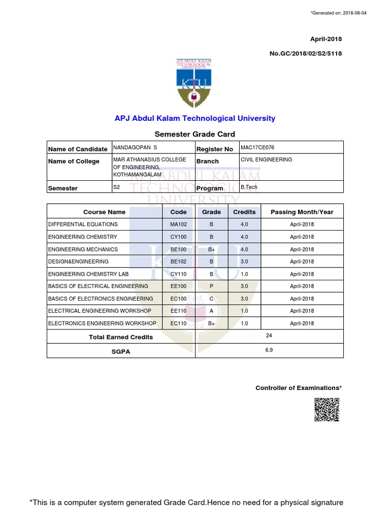 Semester Grade Card | PDF