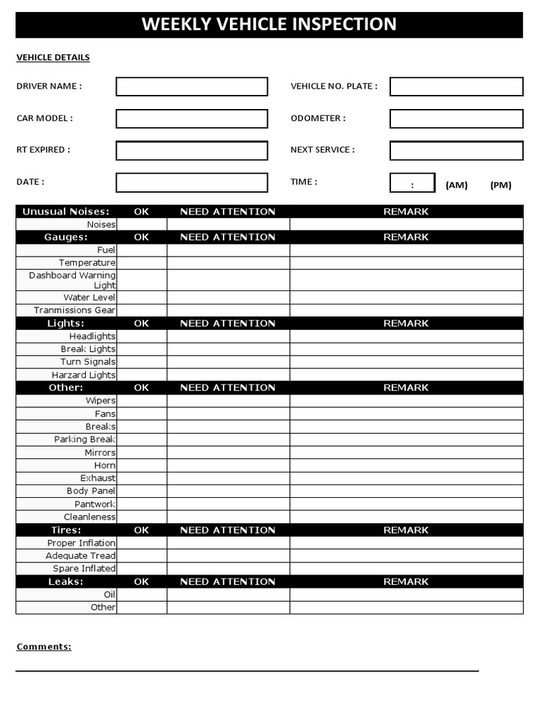 Weekly Vehicle Inspection Checklist | PDF | Vehicles | Headlamp