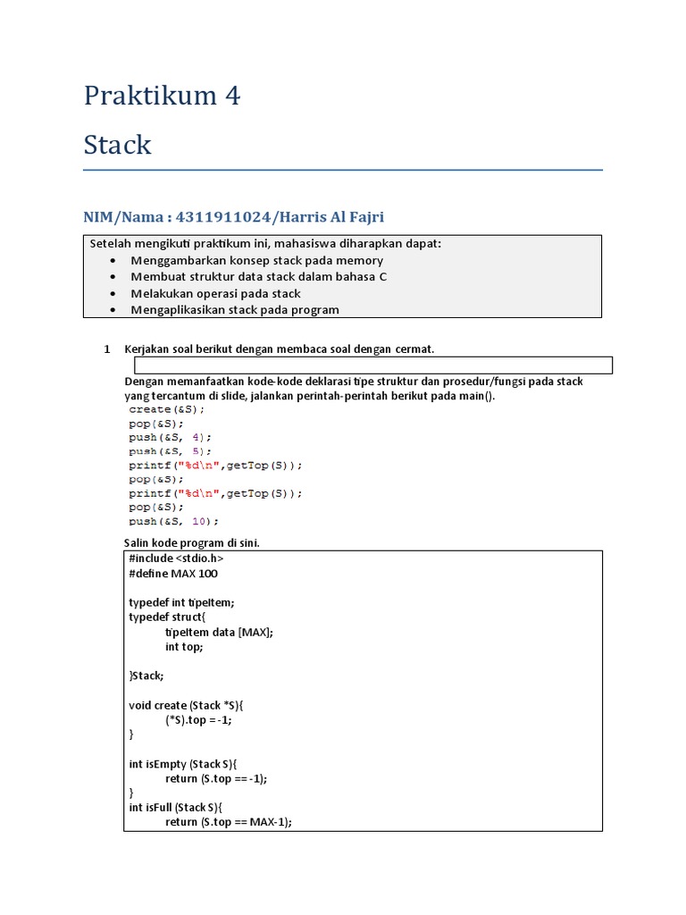 Praktikum 4 Stack: NIM/Nama: 4311911024/harris Al Fajri | PDF