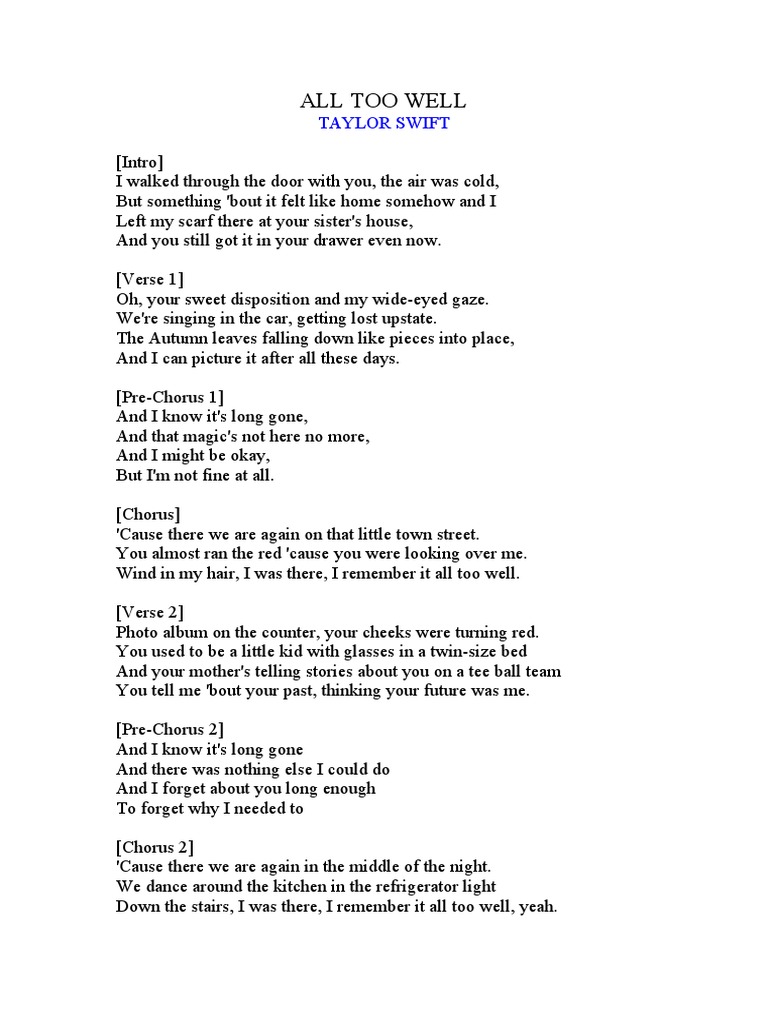 Taylor Swift Lyrics All Too Well