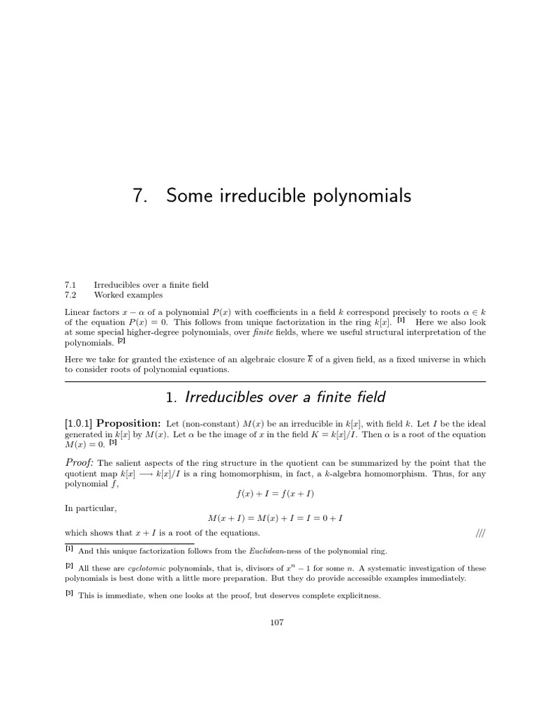 Some Irreducible Polynomials: 1. Irreducibles Over A Finite Field | PDF ...