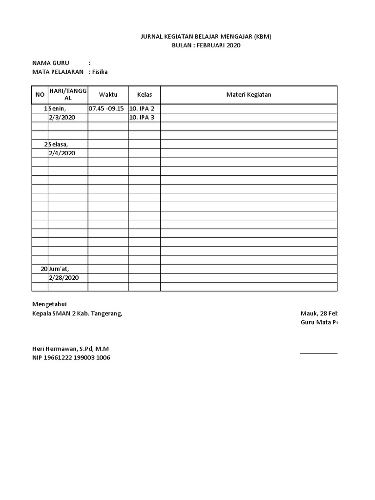 Contoh Jurnal KBM | PDF