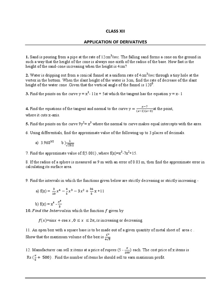CBSE Worksheets For Class 12 Maths Application of Derivatives PDF | PDF ...