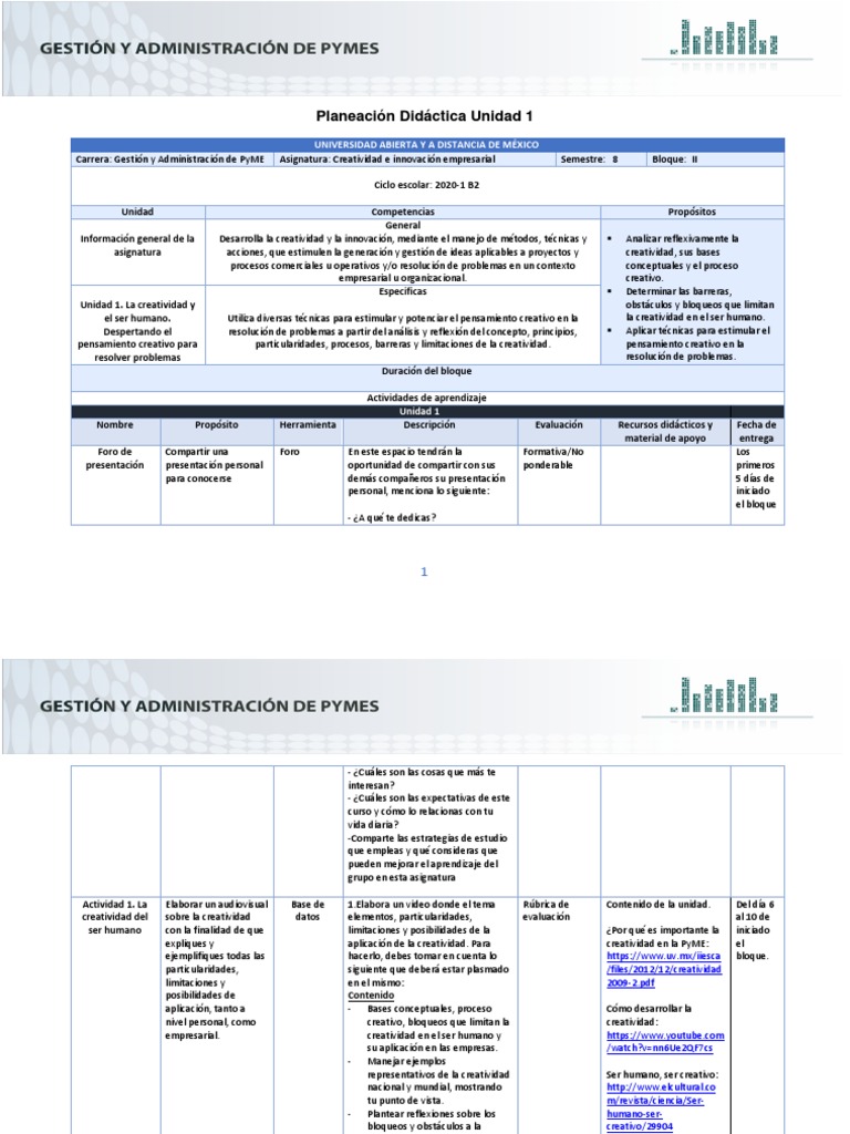Planeacion Didactica Gcie - U1 | PDF | Creatividad | Evaluación