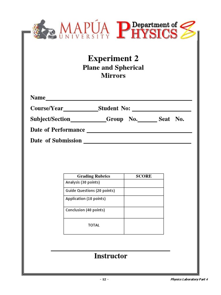 Experiment 2: Plane and Spherical Mirrors | PDF | Reflection (Physics) | Mirror