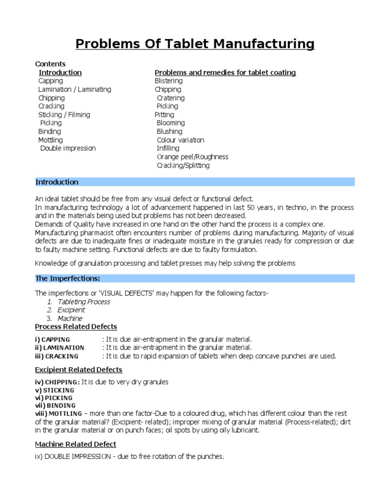 Problems of Tablet Manufacturing: 1. Tableting Process 2. Excipient ...