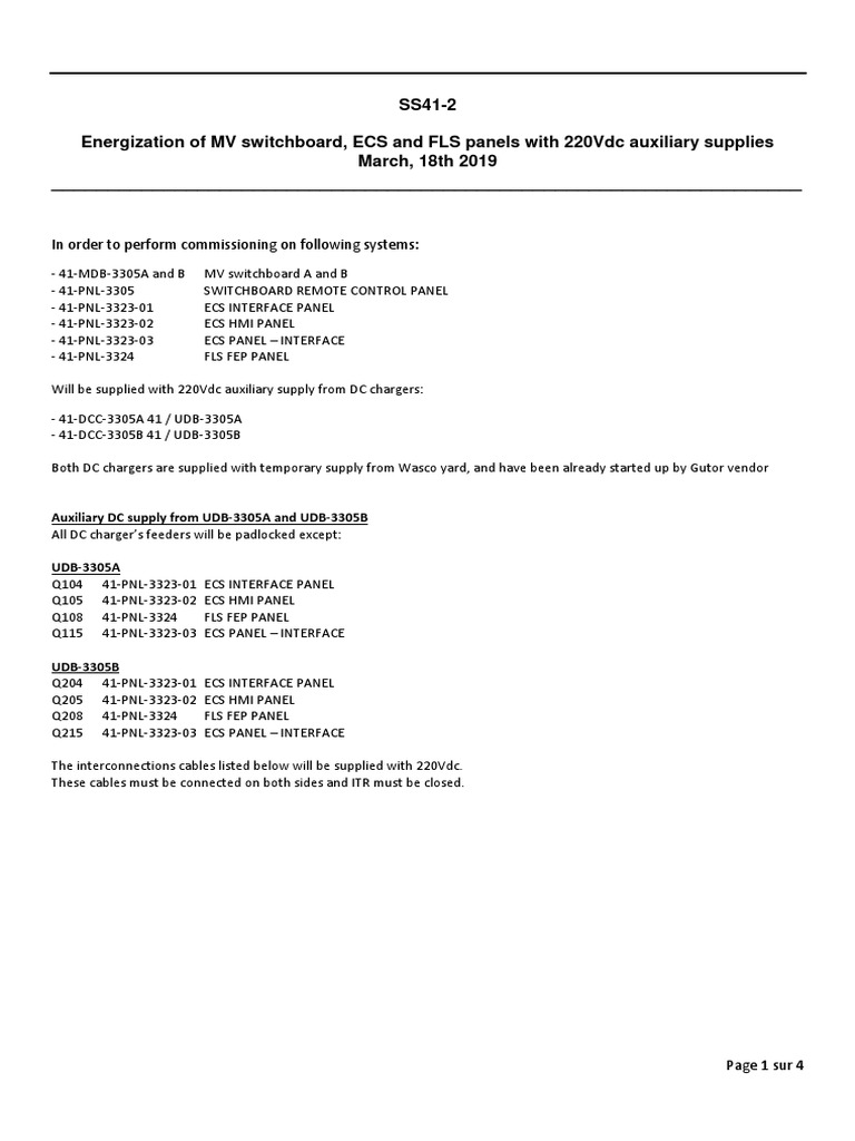 41-2 Procedure of Energization of MV Switchboard, ECS and FLS Panels ...