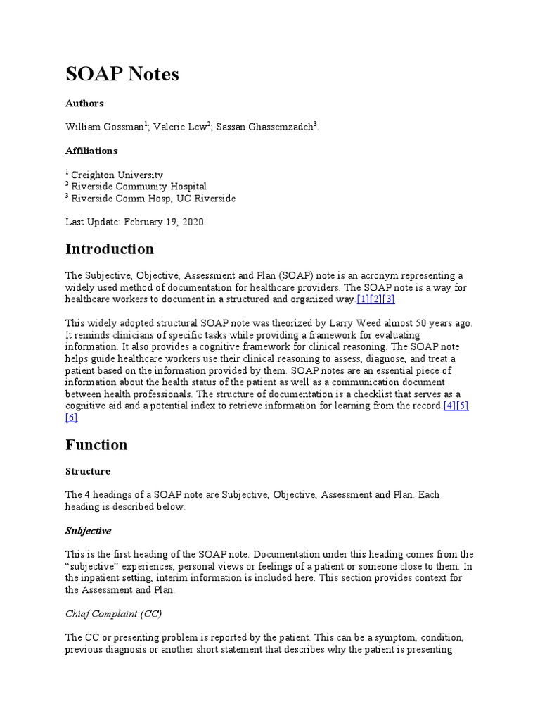 SOAP Notes Authors Medical Diagnosis Clinical Medicine
