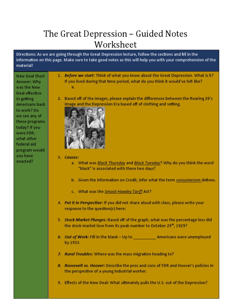 Great Depression Guided Notes Worksheet | PDF