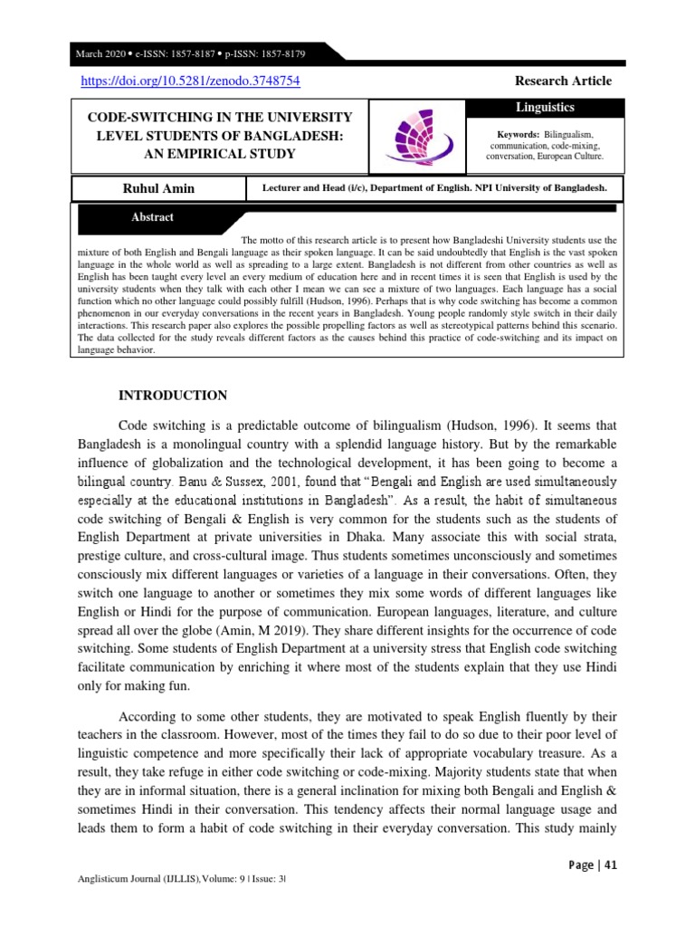 Code-Switching in The University Level Students of Bangladesh An ...