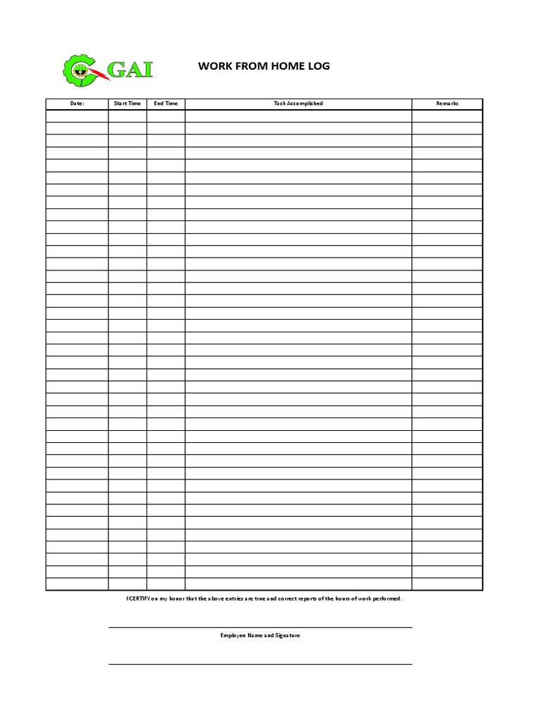 Work From Home Log Date Start Time End Time Task Accomplished Remarks