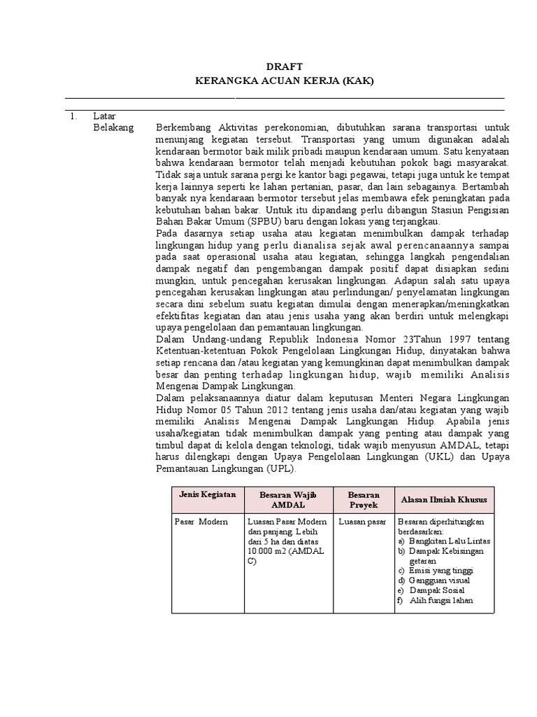 Draft Kak Amdal Spbu | PDF | Teknologi & Rekayasa
