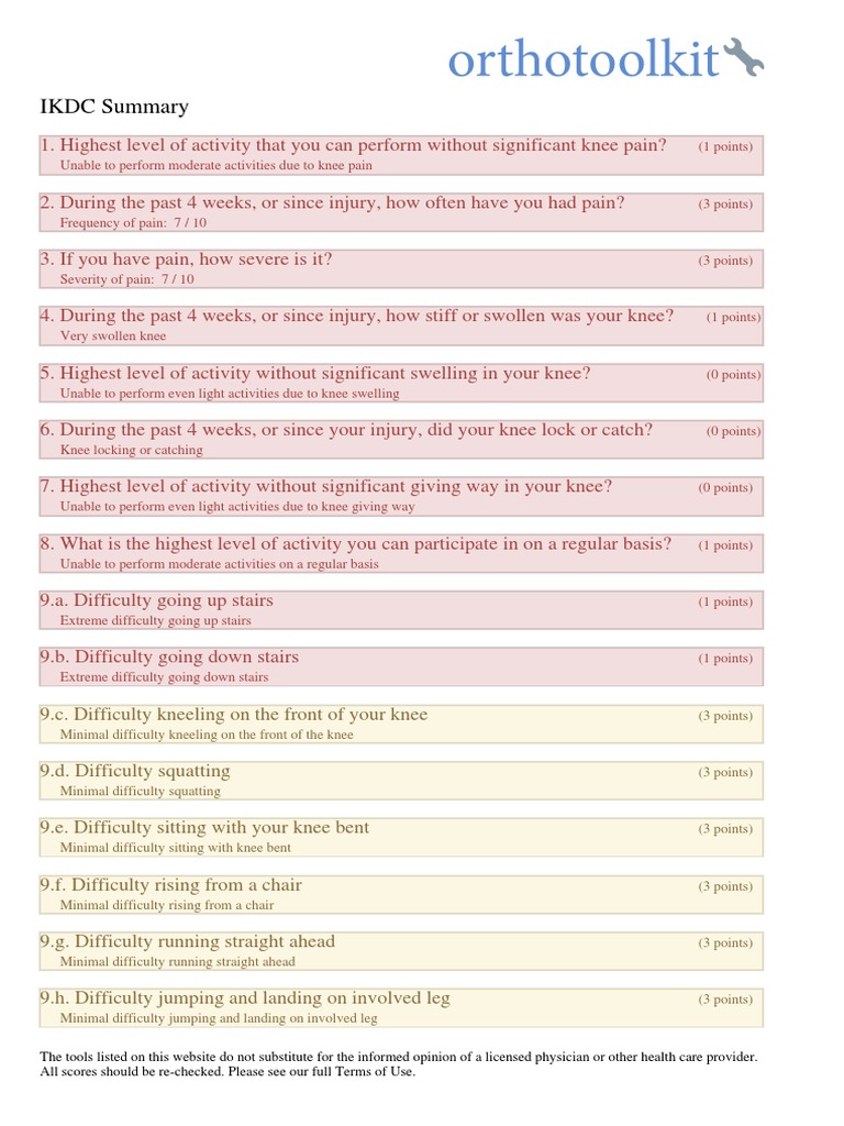 IKDC Summary: 9.c. Difficulty Kneeling On The Front of Your Knee | PDF ...