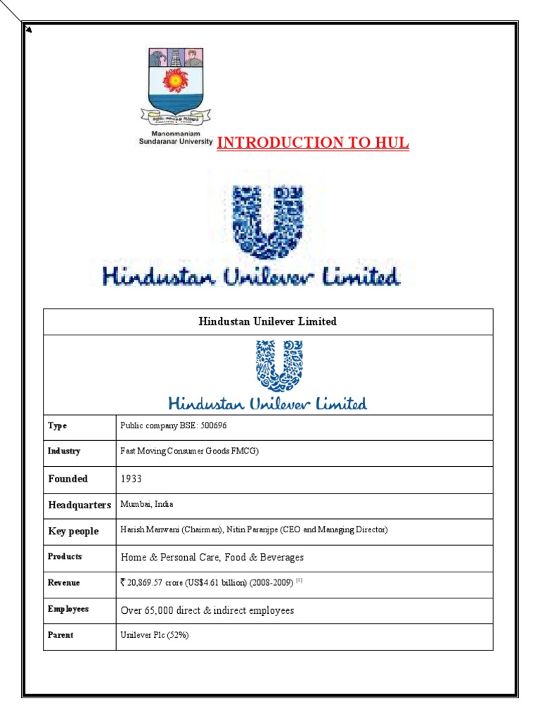Introduction To Hul: Hindustan Unilever Limited | PDF | Government Of ...
