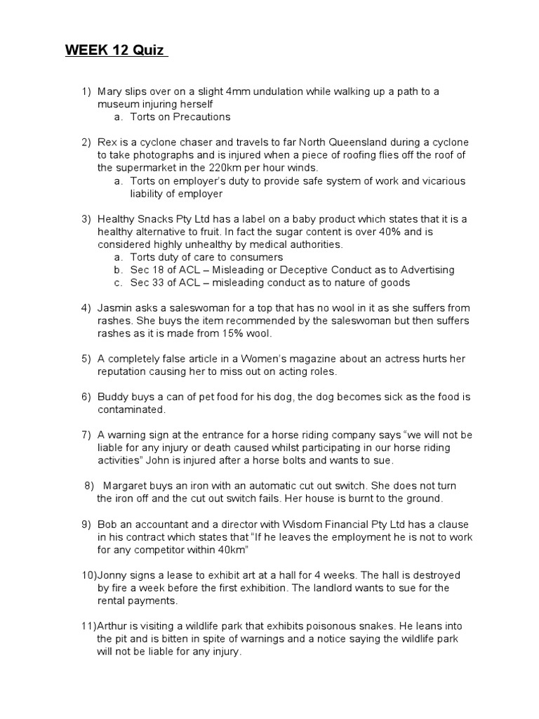 Business Law Quiz Questions | PDF | Tort | Private Law