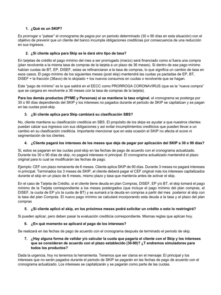 BCP - Preguntas Frecuentas Sobre SKIPS PDF | PDF | Interés | Crédito