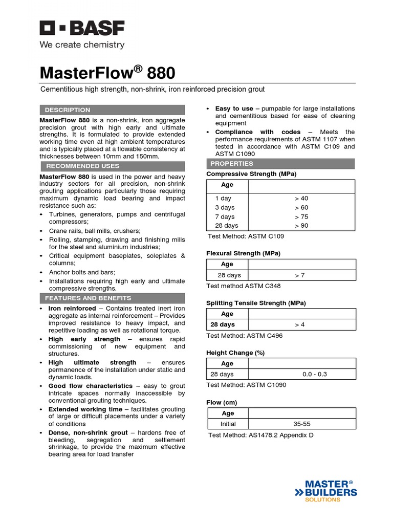 Masterflow 880: Cementitious High Strength, Non-Shrink, Iron Reinforced Precision Grout | PDF ...