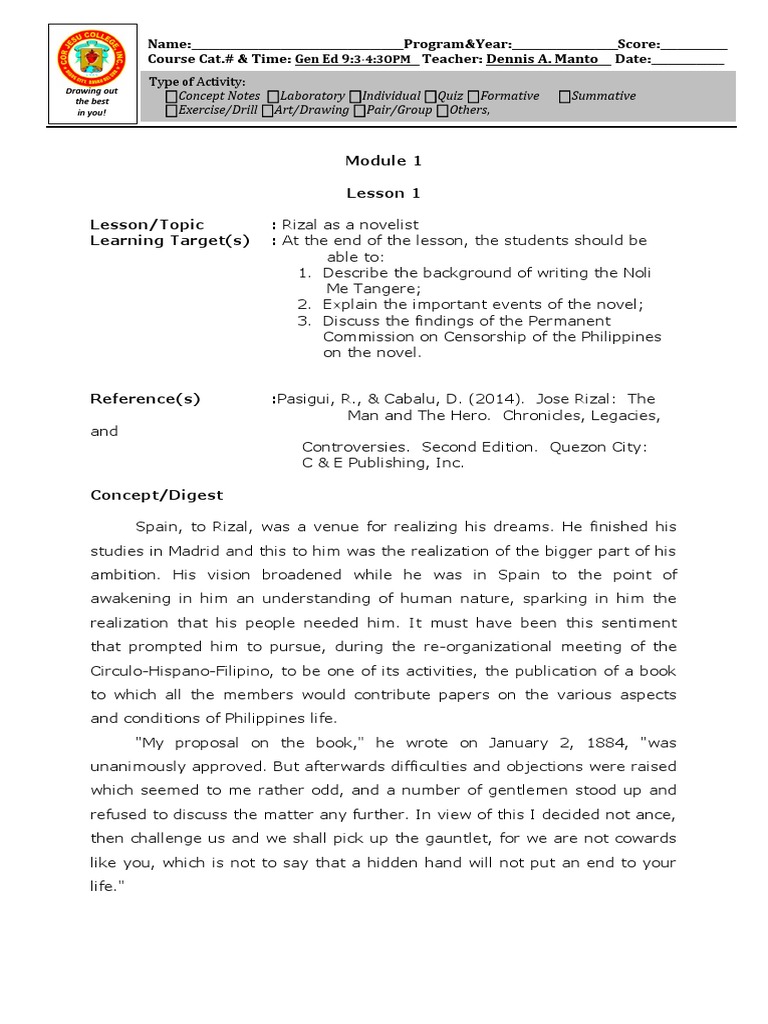 Rizal Module 1 Lesson 1 | PDF