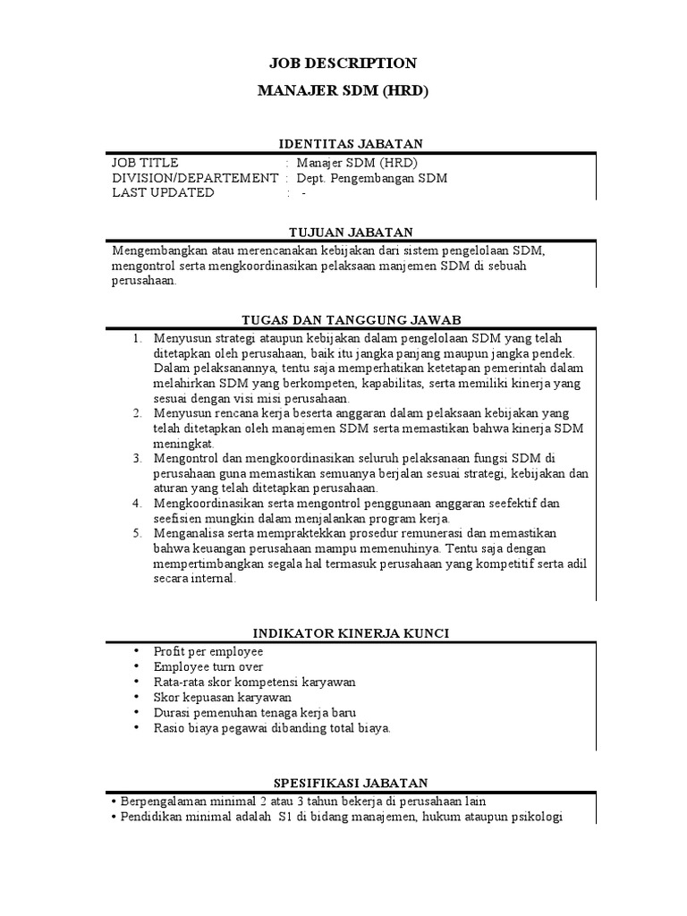 Job Desc Manajer SDM | PDF