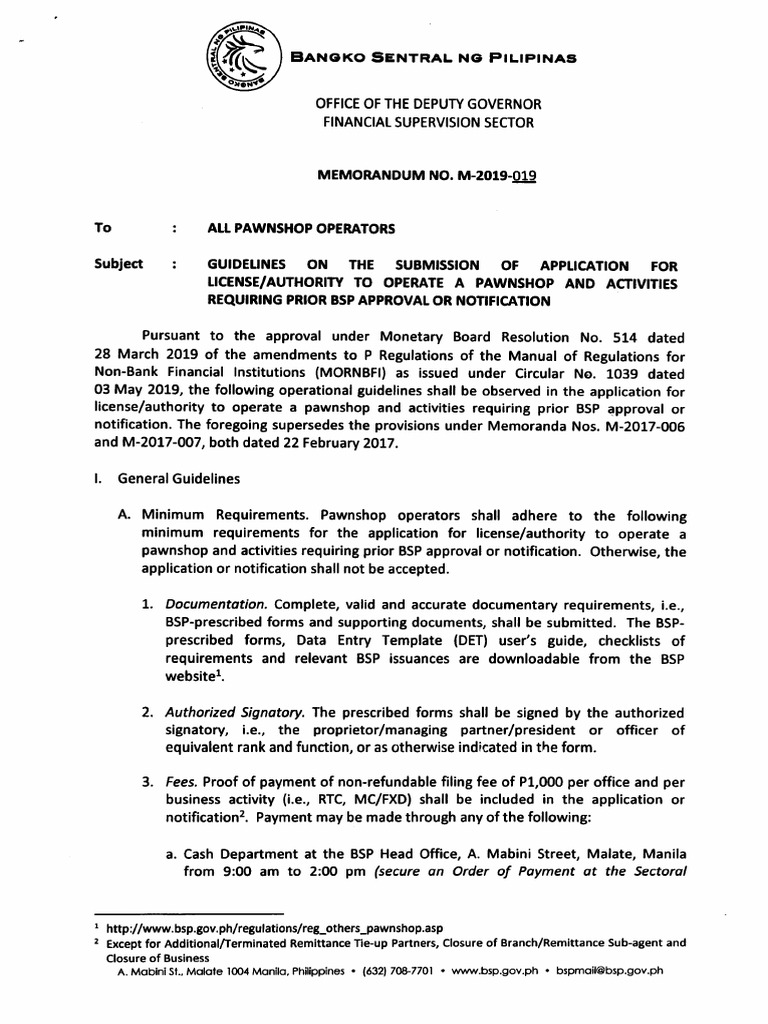 BSP Memorandum No. M-2019-019 | PDF | Business | Government Information
