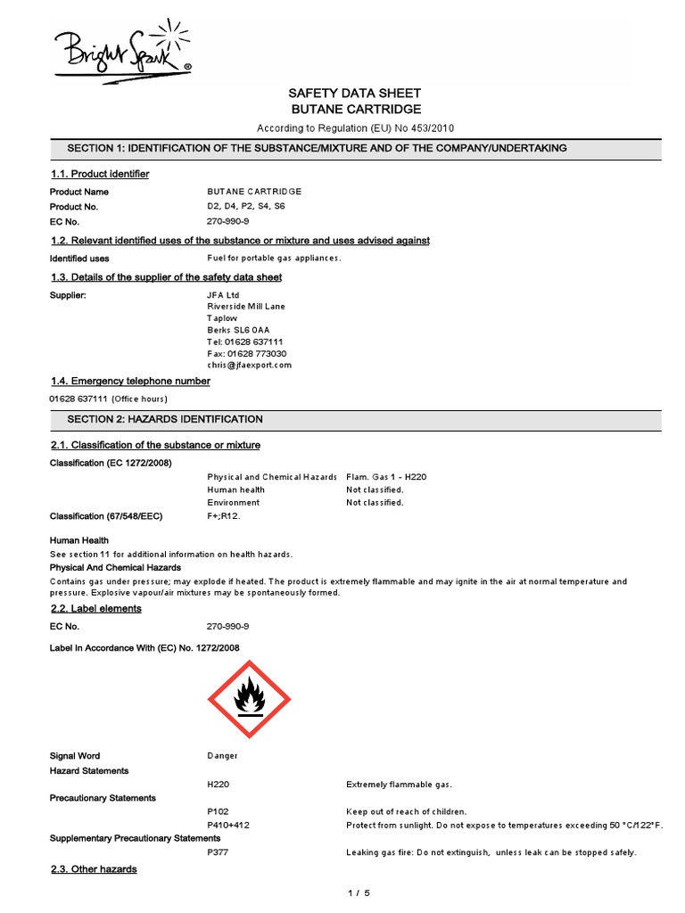 Safety Data Sheet Butane Cartridge | Download Free PDF | Fires ...