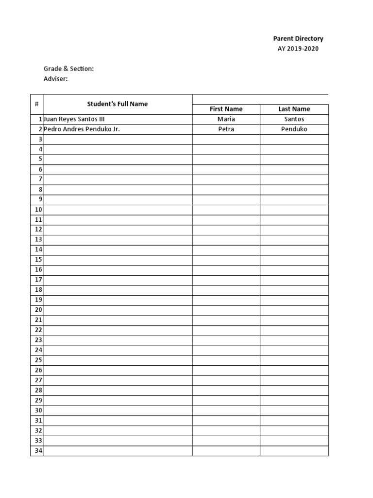 AY 2019-2020 Grade & Section: Adviser:: Parent Directory | PDF