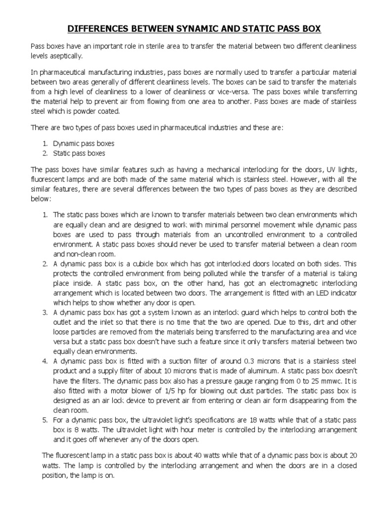 Differences Between Dynamic and Static Pass Box | PDF | Equipment | Chemistry