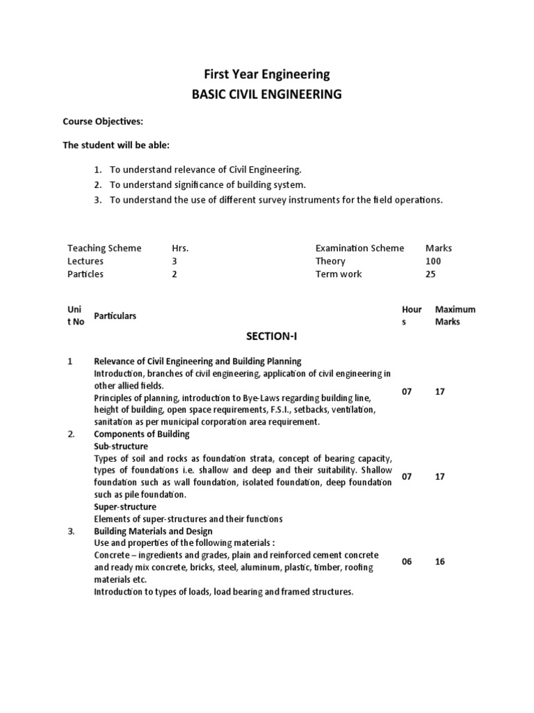 First Year Engineering Basic Civil Engineering: Course Objectives: The ...