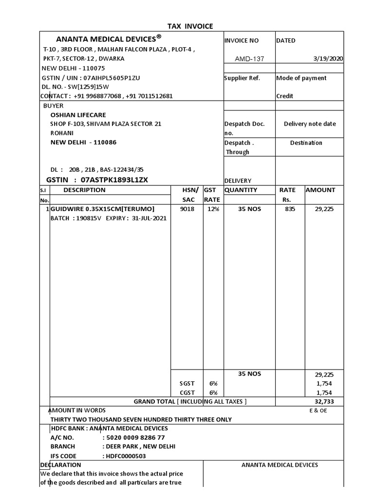 Ananta Medical Devices: Tax Invoice | PDF