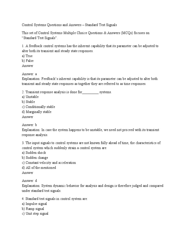 Control Systems Questions and Answers Unit 2 | PDF | Control Theory ...