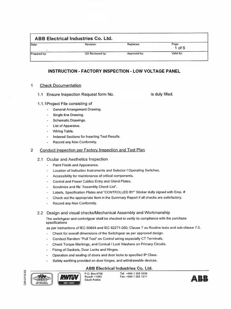Instruction - Factory Inspection - Low Voltage Panel | PDF