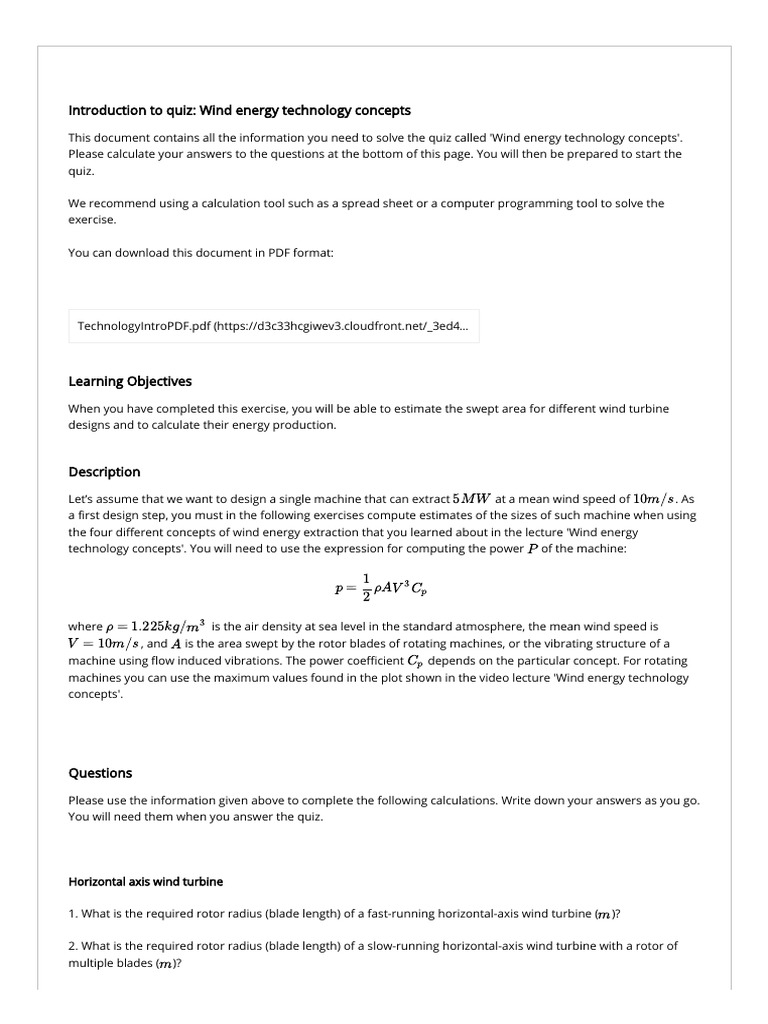 Wind Energy Technology Quiz Guide | PDF | Turbine | Wind Turbine