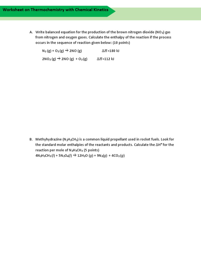 Activity Sheet - Thermochemistry With Chemical Kinetics PDF | PDF