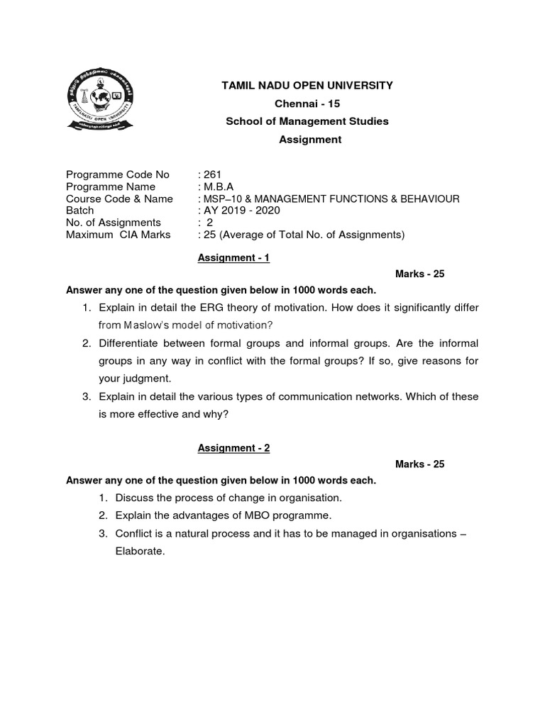 Tamil Nadu Open University Chennai - 15 School of Management Studies ...