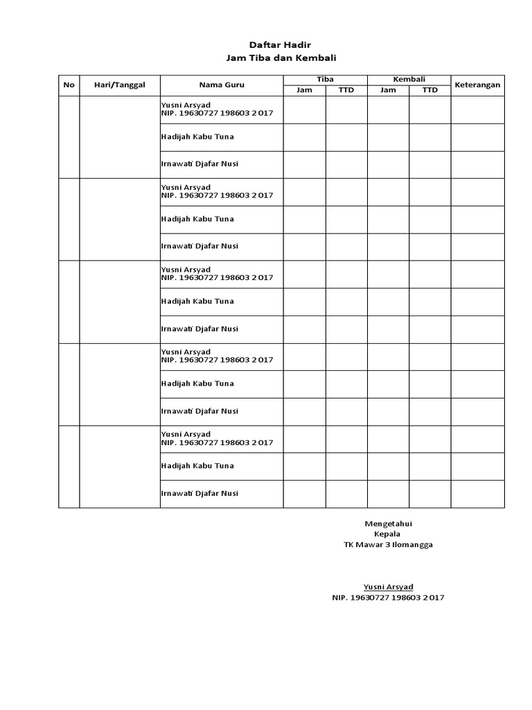 Daftar Hadir Jam | PDF