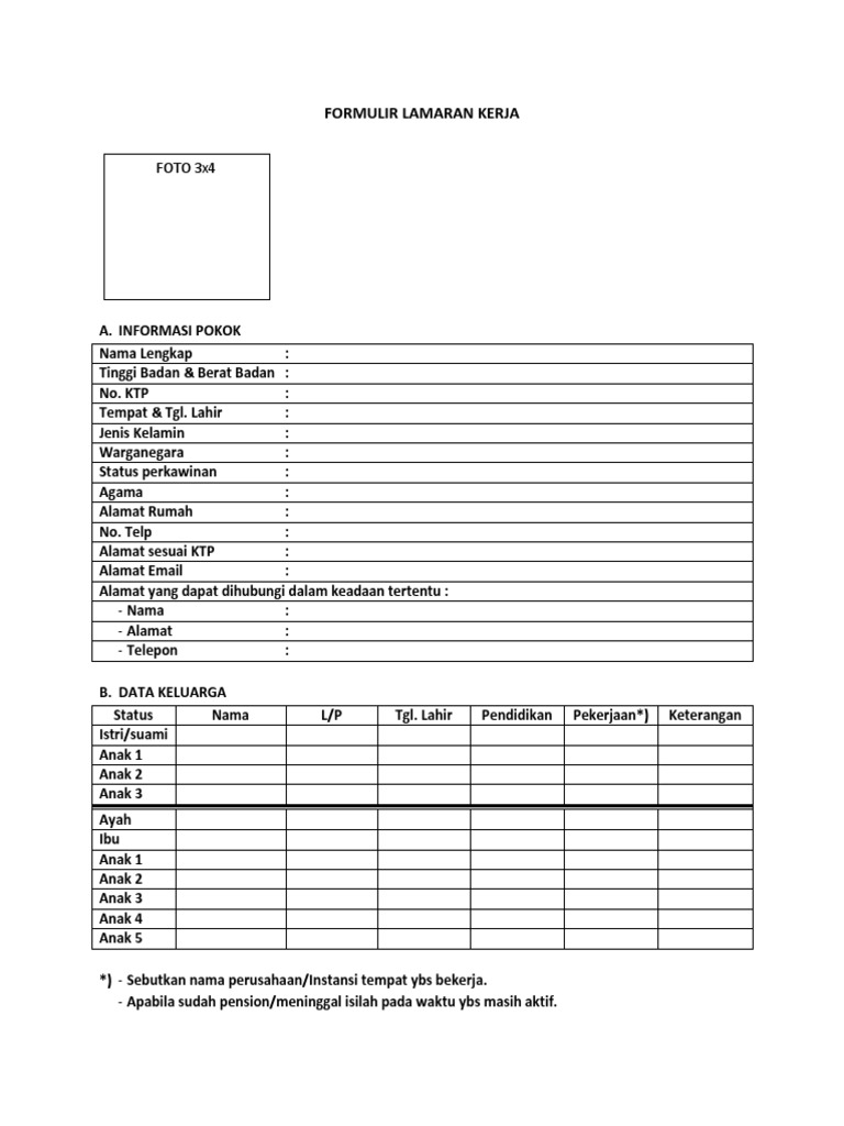 Formulir Lamaran Kerja Lengkap | PDF