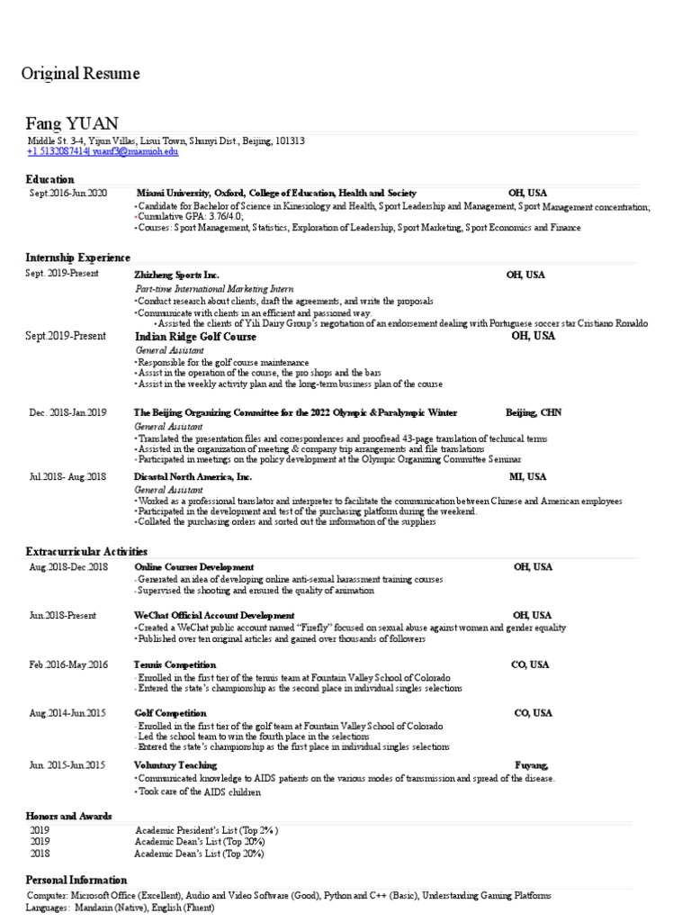 ESP 252 Fang Yuan Resume | PDF | The United States