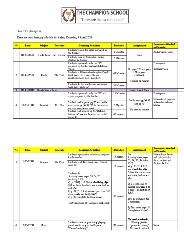 Dear P3'S Champions, These Are Your Learning Schedule For Today, Thursday, 9 April 2020 | PDF ...