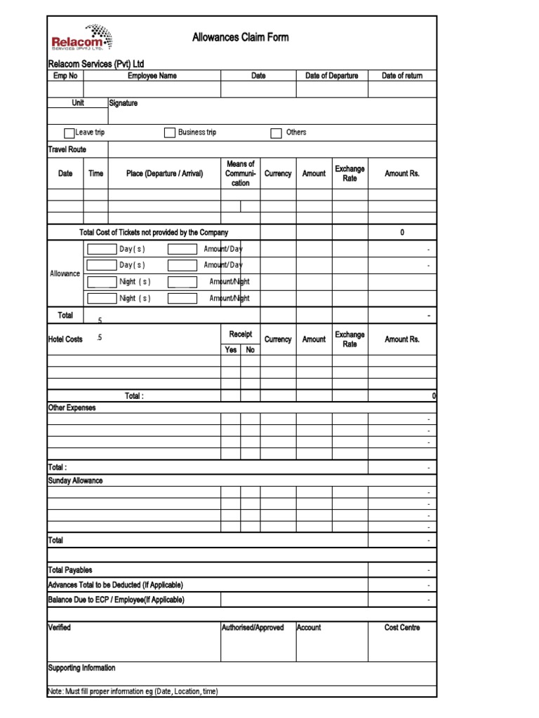 Allowances Claim Form: Relacom Services (PVT) LTD | PDF | Payments ...