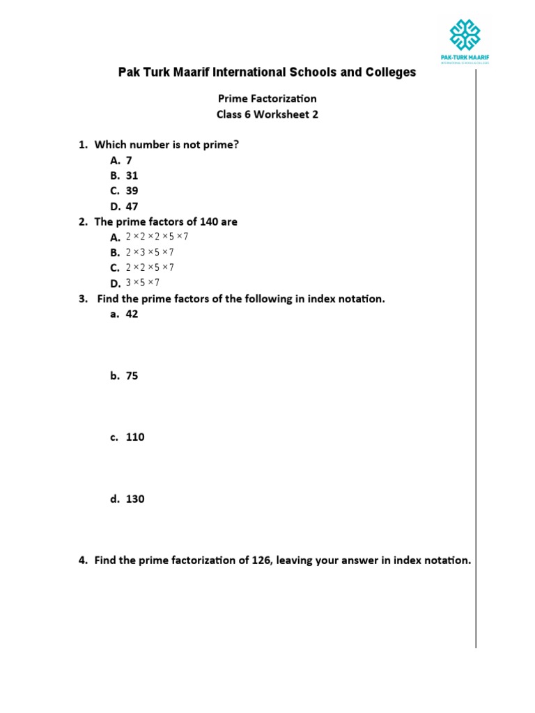 Class 6 Worksheet 2 Prime Factorization | PDF