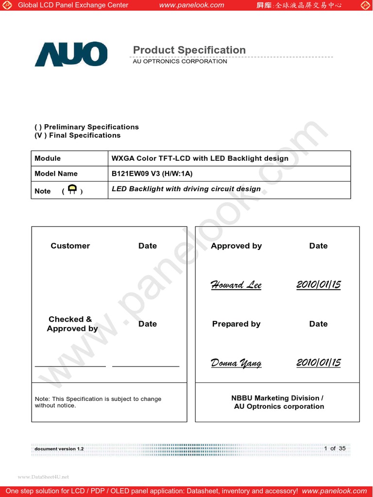 AOU B121EW09 V3 Version 1.2 | PDF | Thin Film Transistor Liquid Crystal ...