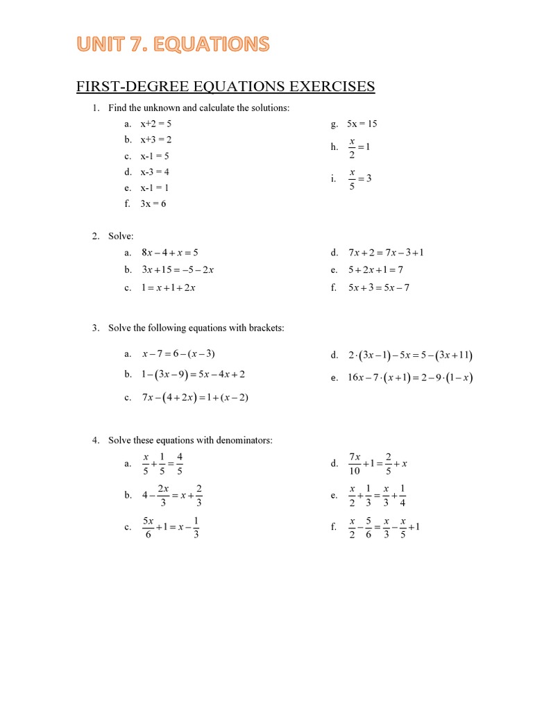 First-Degree Equation Exercises | PDF