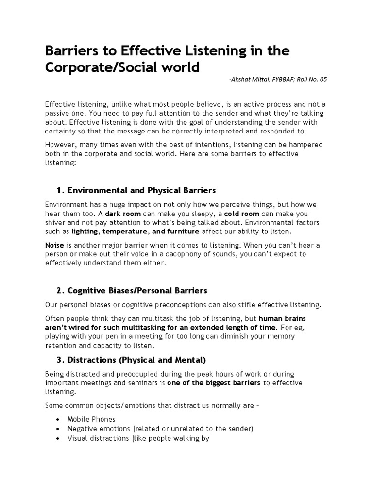 Barriers To Effective Listening | PDF | Attention | Perception
