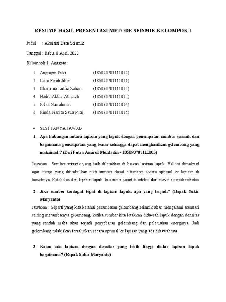 Resume Presentasi Kelompok I Metode Seismik | PDF | Metode & Bahan Ajar ...
